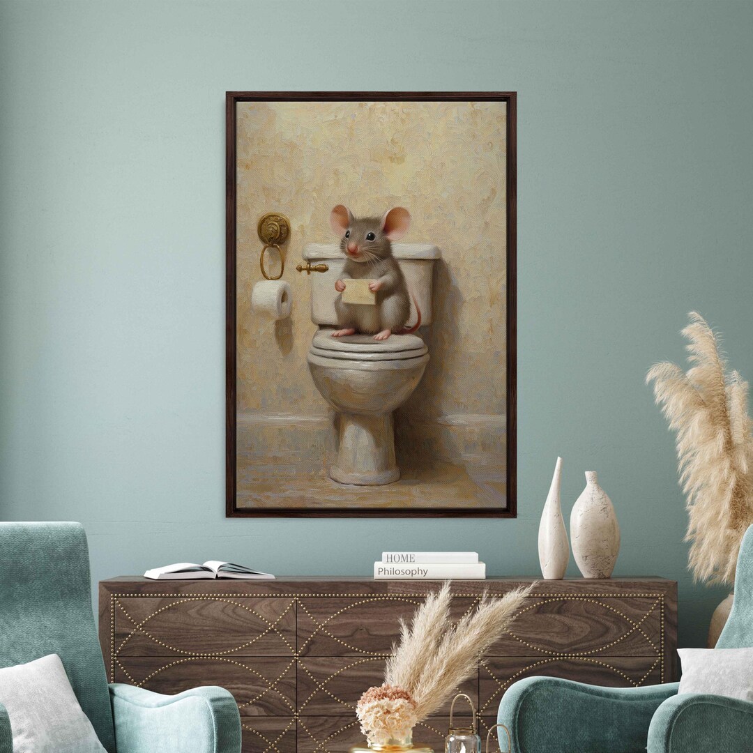 Whimsical Mouse on Toilet, Wall Art Canvas Print, Retro Bathroom, Cozy ...