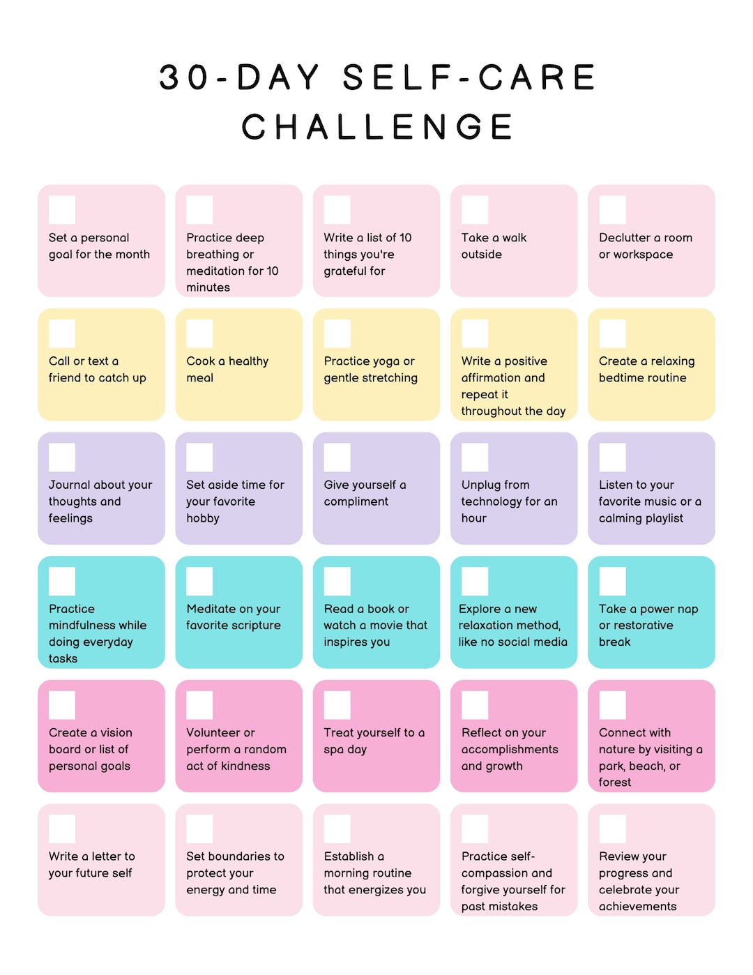 30-day Self Care Challenge Planner Page Template - Etsy