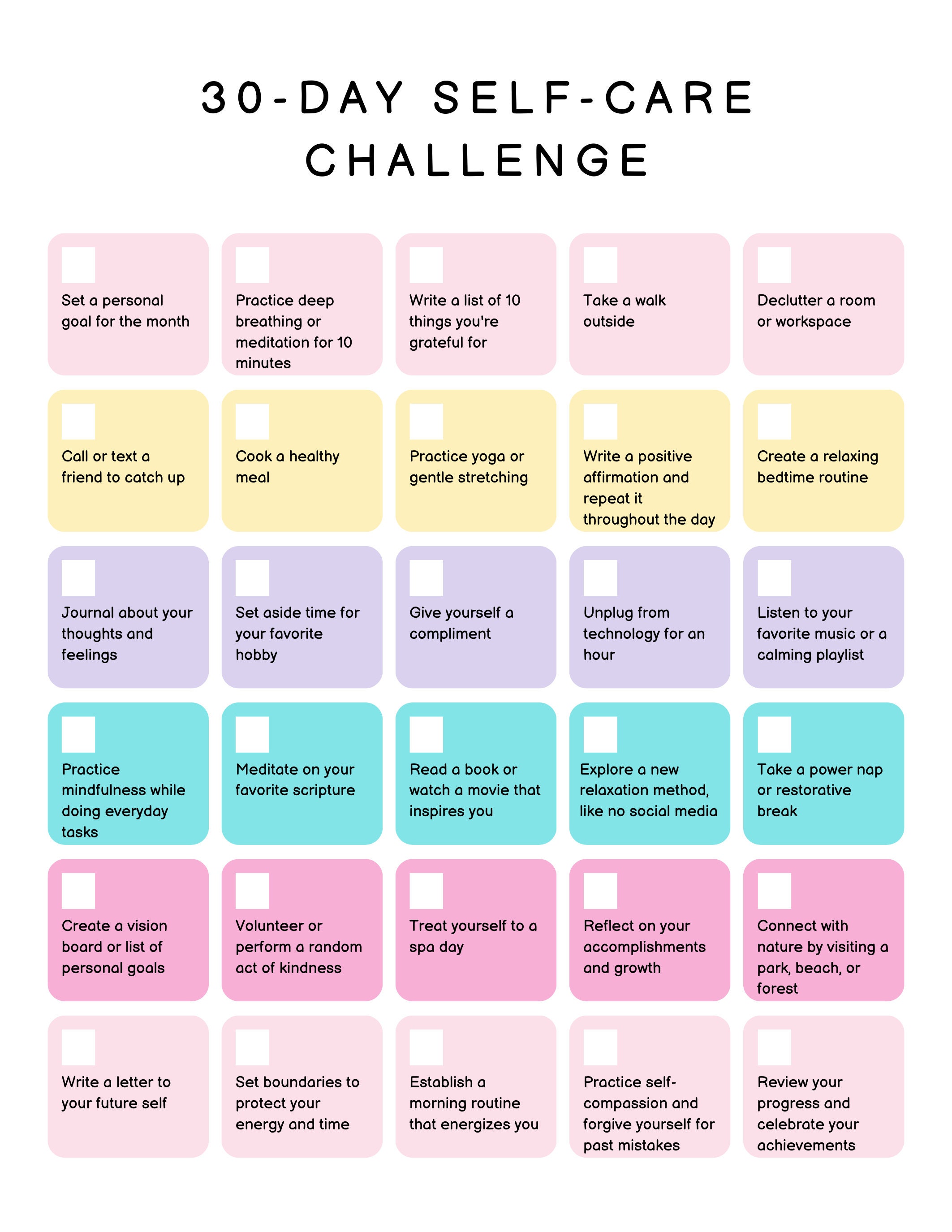 30-day Self Care Challenge Planner Page Template - Etsy