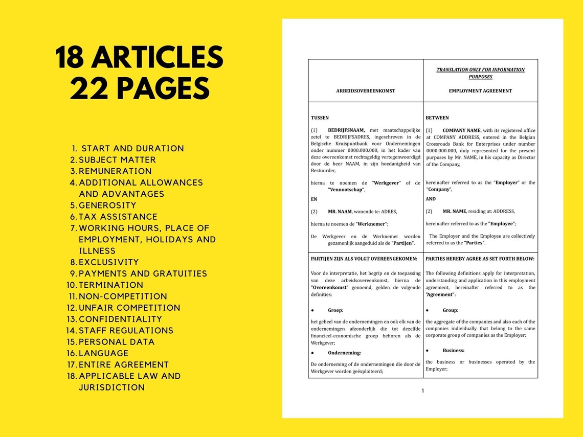 EC Belgium Employment Agreement Contract Template, Bilingual English ...