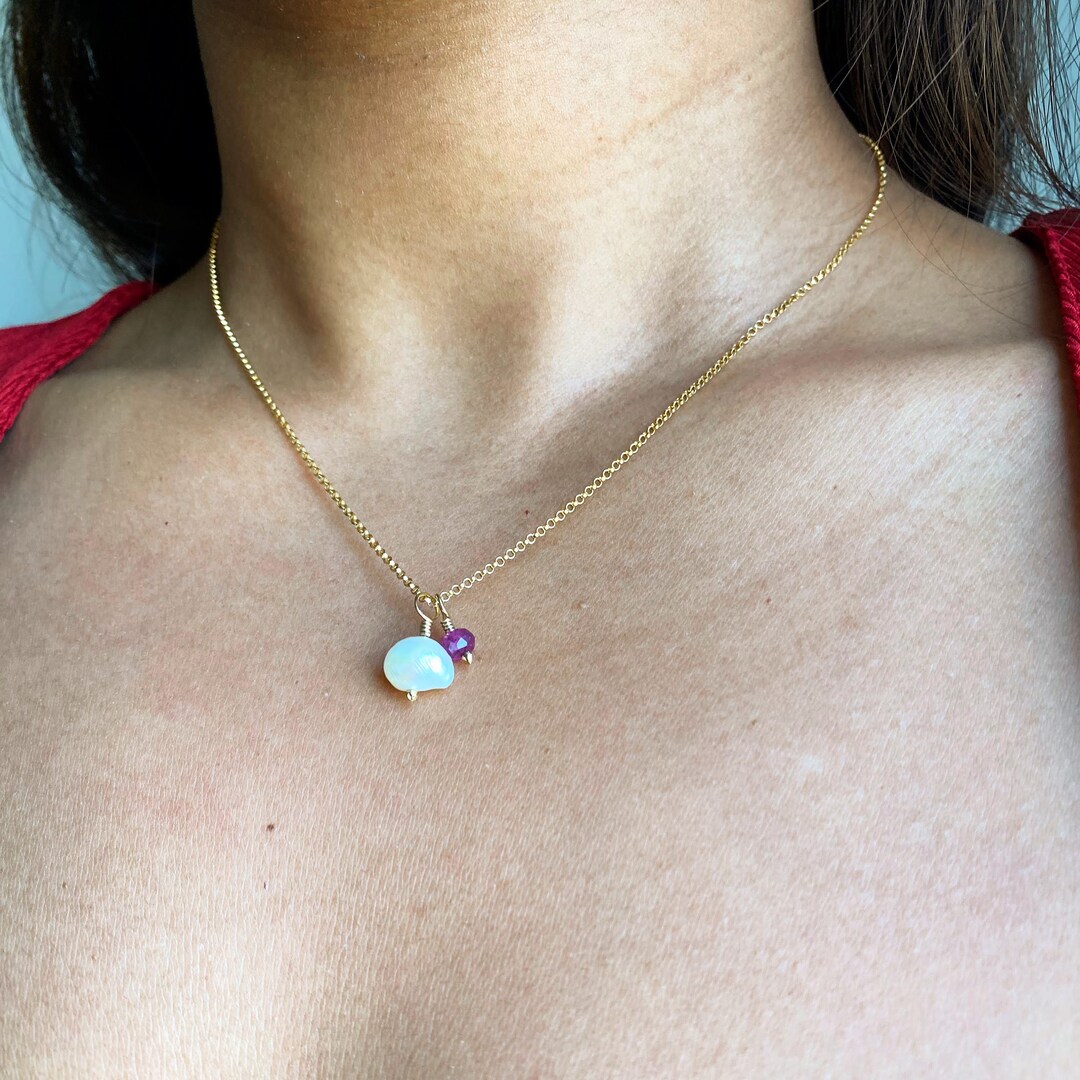 Stella Pearl & Ruby Necklace- Dainty Daily Wear, Freshwater Pearl and ...