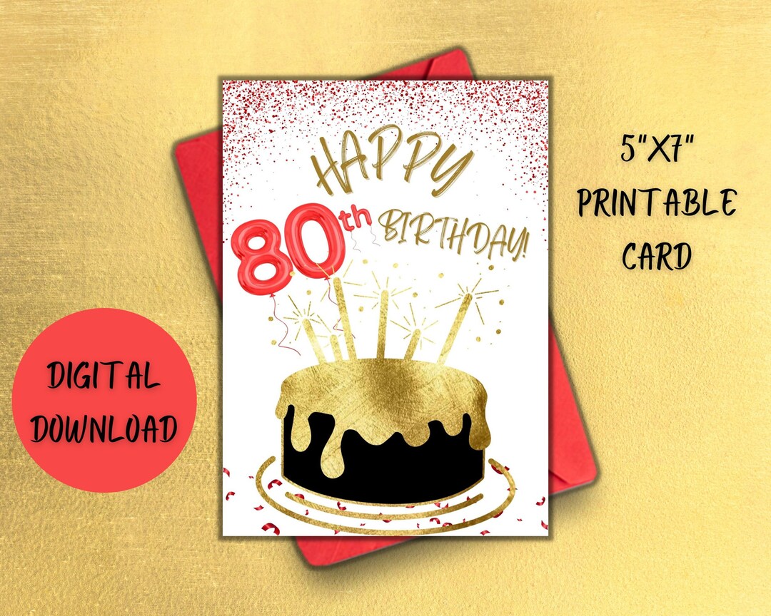 80th Birthday Card, Printable, 5x7 Card, Happy 80th Birthday, 80th ...