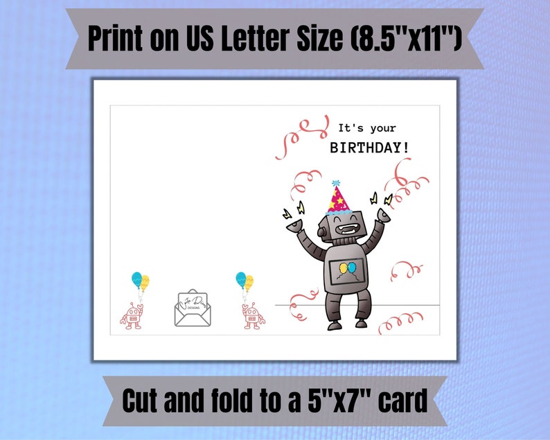 Printable Robot Birthday Card, Cute Robot Card, 5x7 Digital Card, Kids ...