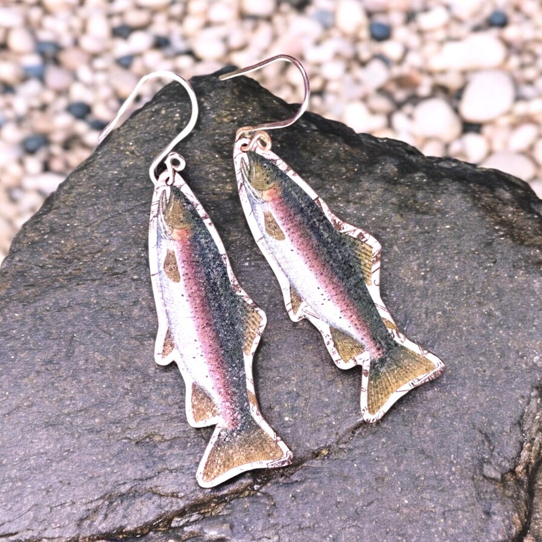 Rainbow Trout Vintage Tin Fishing Dangle Drop Earrings Recycled ...