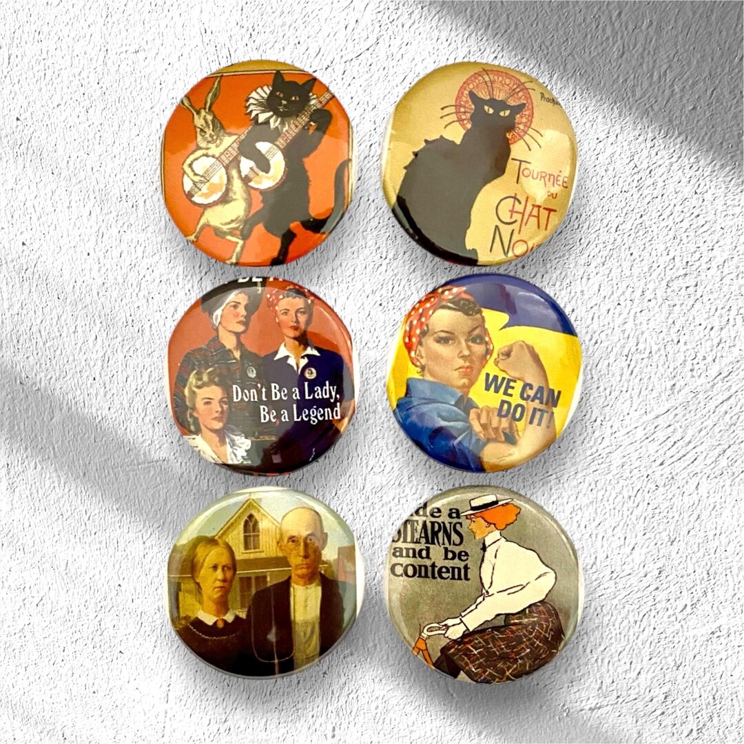 6 Fun Retro Art Nouveau Style Pin Back Buttons - Vintage-inspired ...