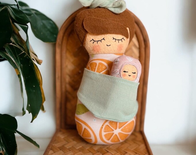 Swaddled Mama Doll 8”, Baby-wearing Doll, Sweet Oranges Print, Handmade ...
