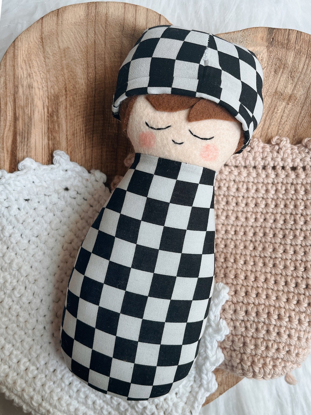 Swaddled Doll 8”, Checkered Print, Handmade Doll for Boy, Baby’s First ...