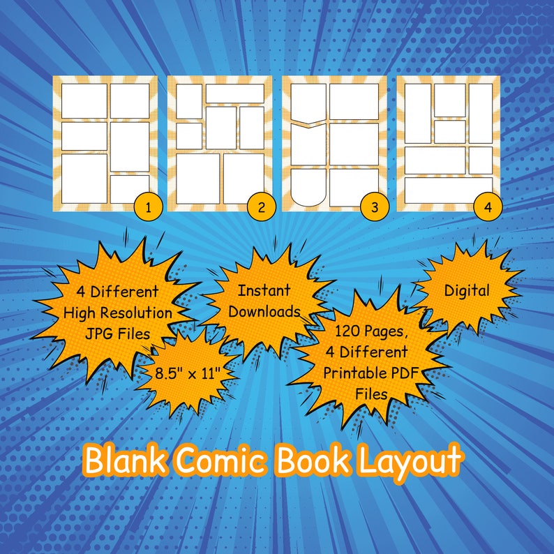 Blank Comic Book Layout Printable Digital 4 Different Comic Book Manga ...