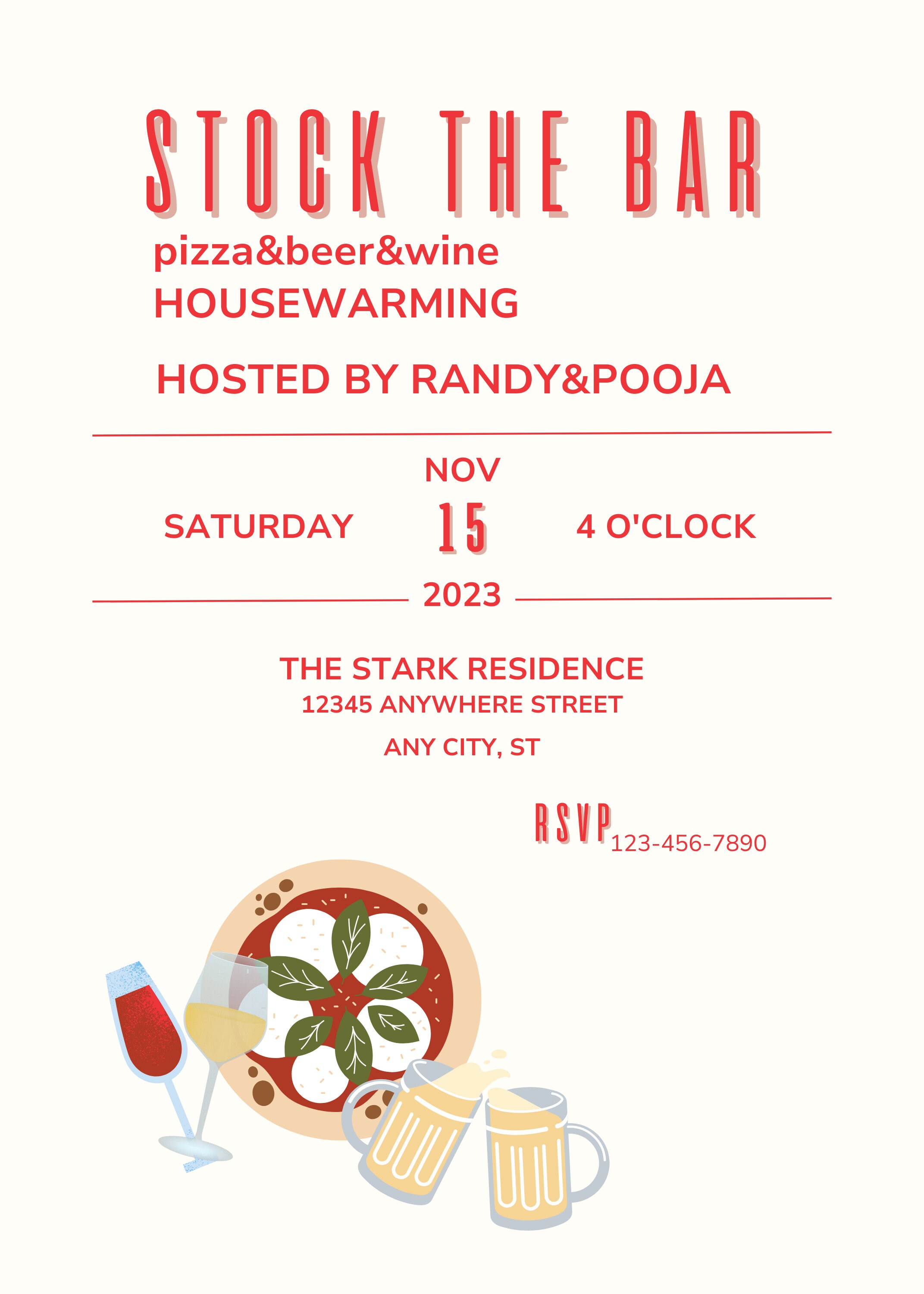 Editable Stock the Bar Invitation. Housewarming Party. Pizza Beer Wine ...