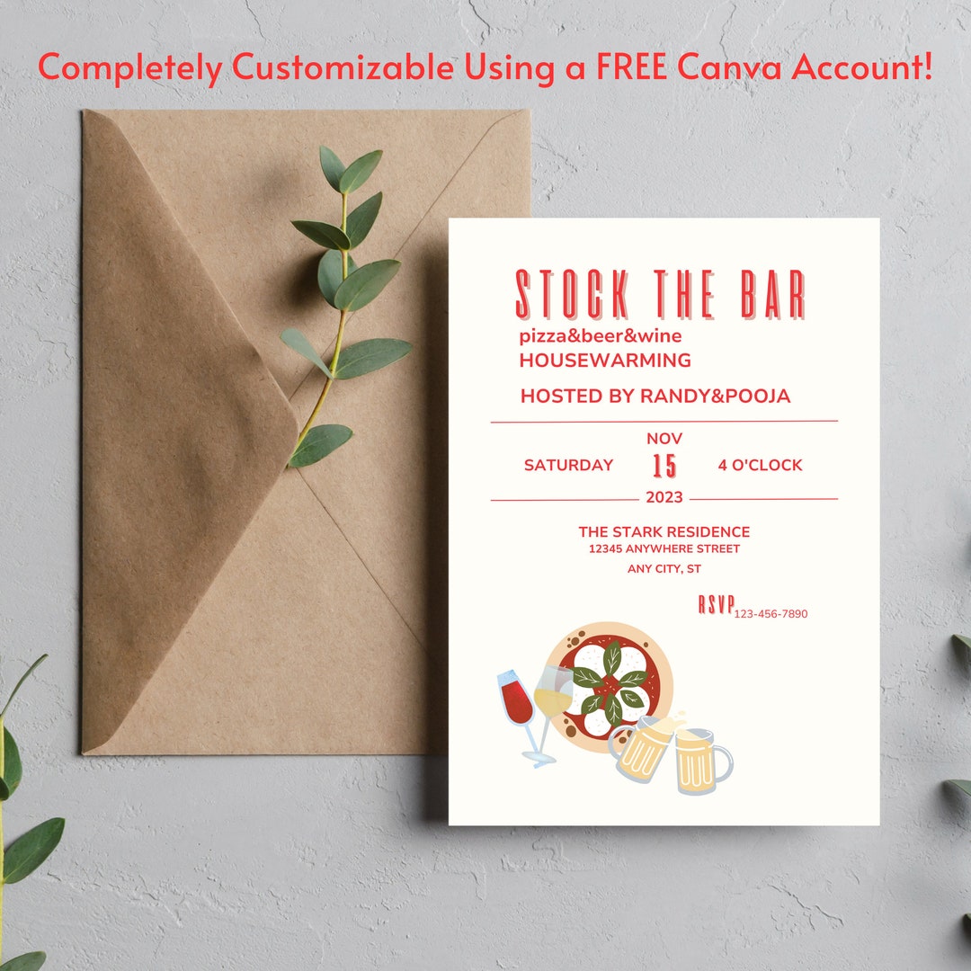 Editable Stock the Bar Invitation. Housewarming Party. Pizza Beer Wine ...
