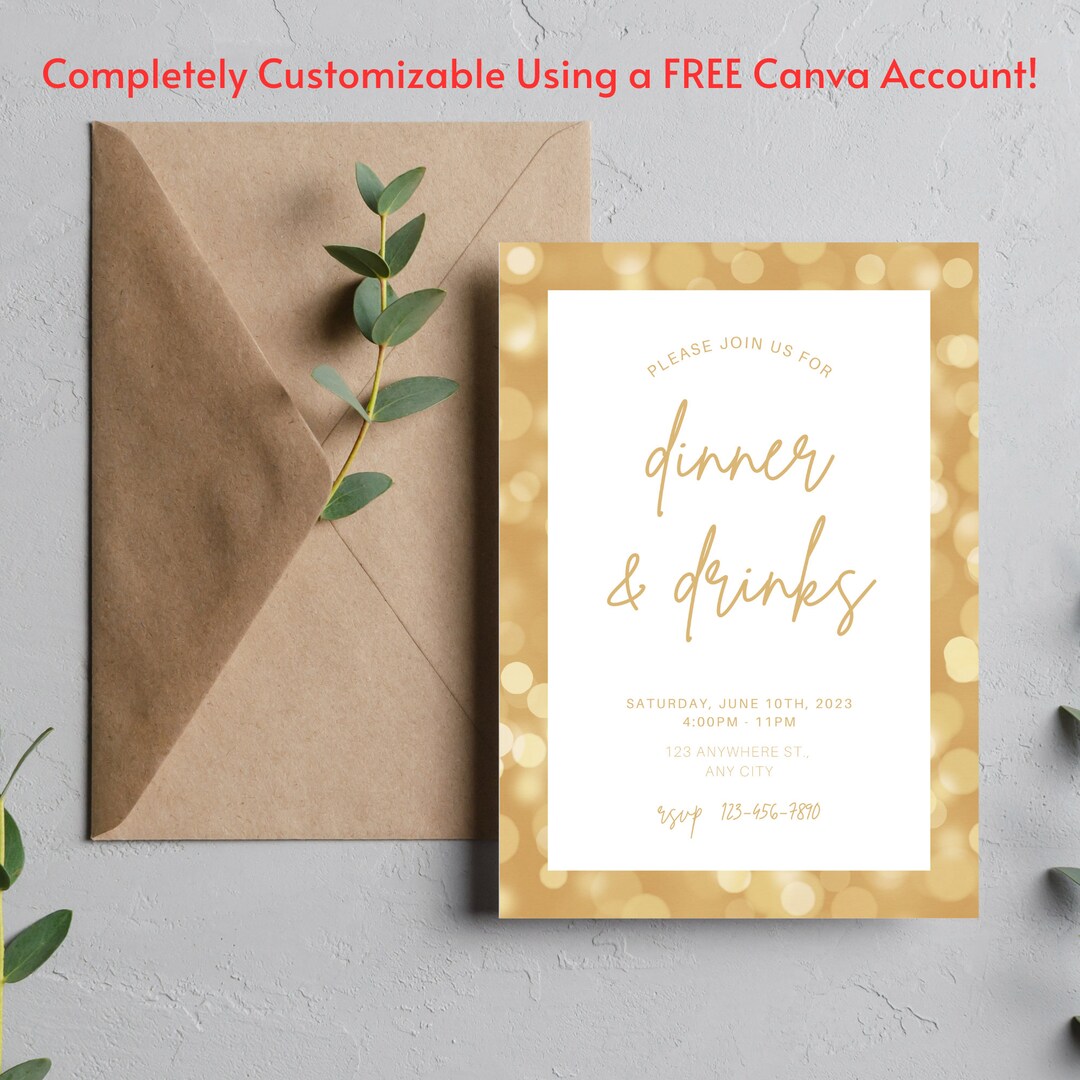 Editable Cocktail Party Invitation, Birthday Gold Glitter Bright Invite ...