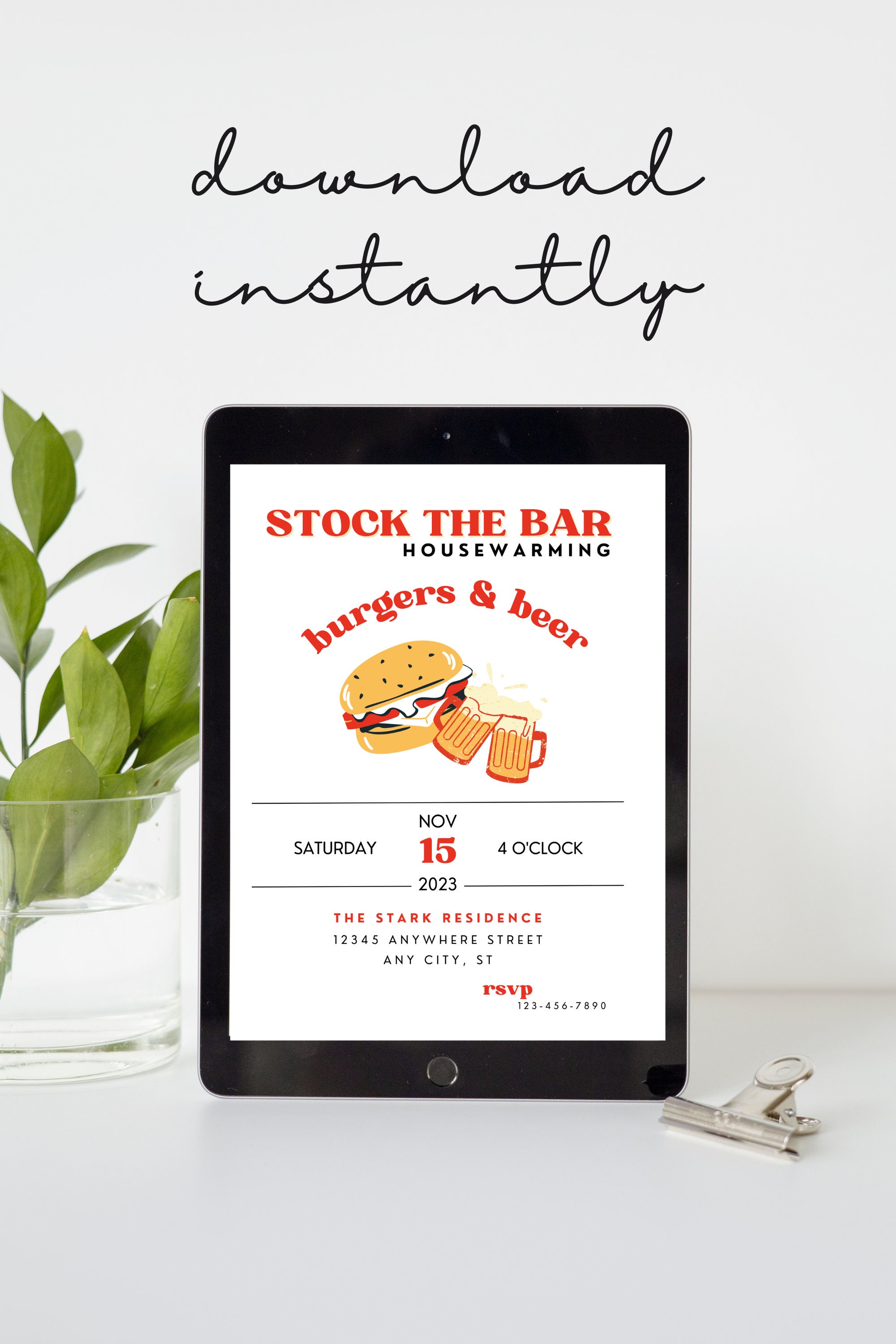 Editable Stock the Bar Invitation. Housewarming Party. Burgers and Beer ...