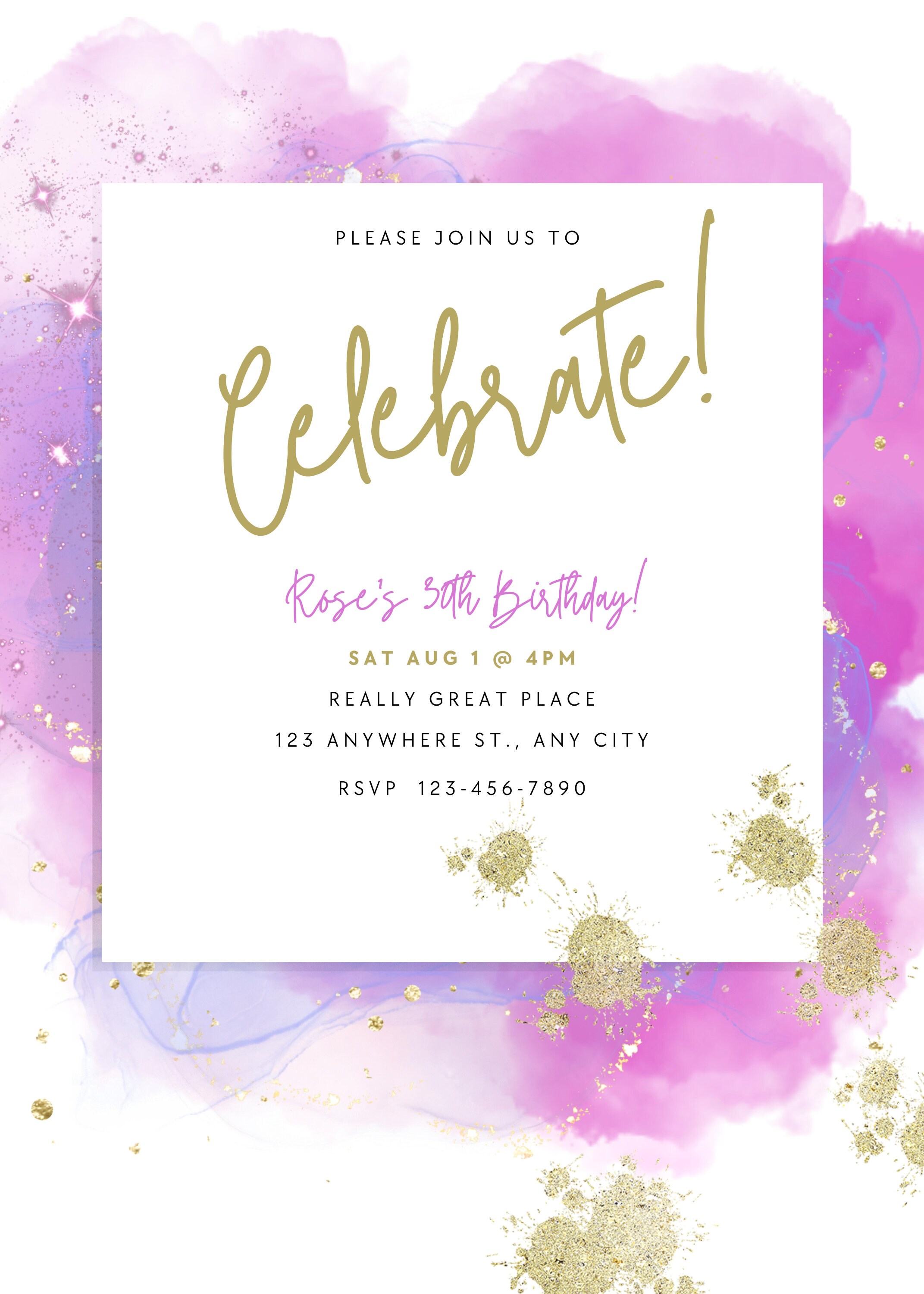 Pink Watercolor Birthday Party Invitation, Editable Template (digital ...