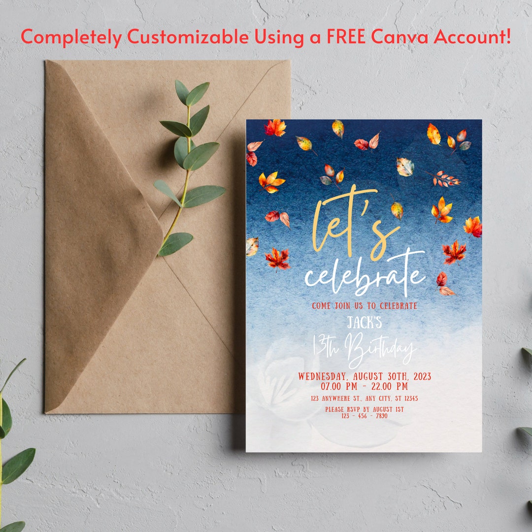 Fall Leaves Birthday Invitation, Blue and Orange (editable Canva ...