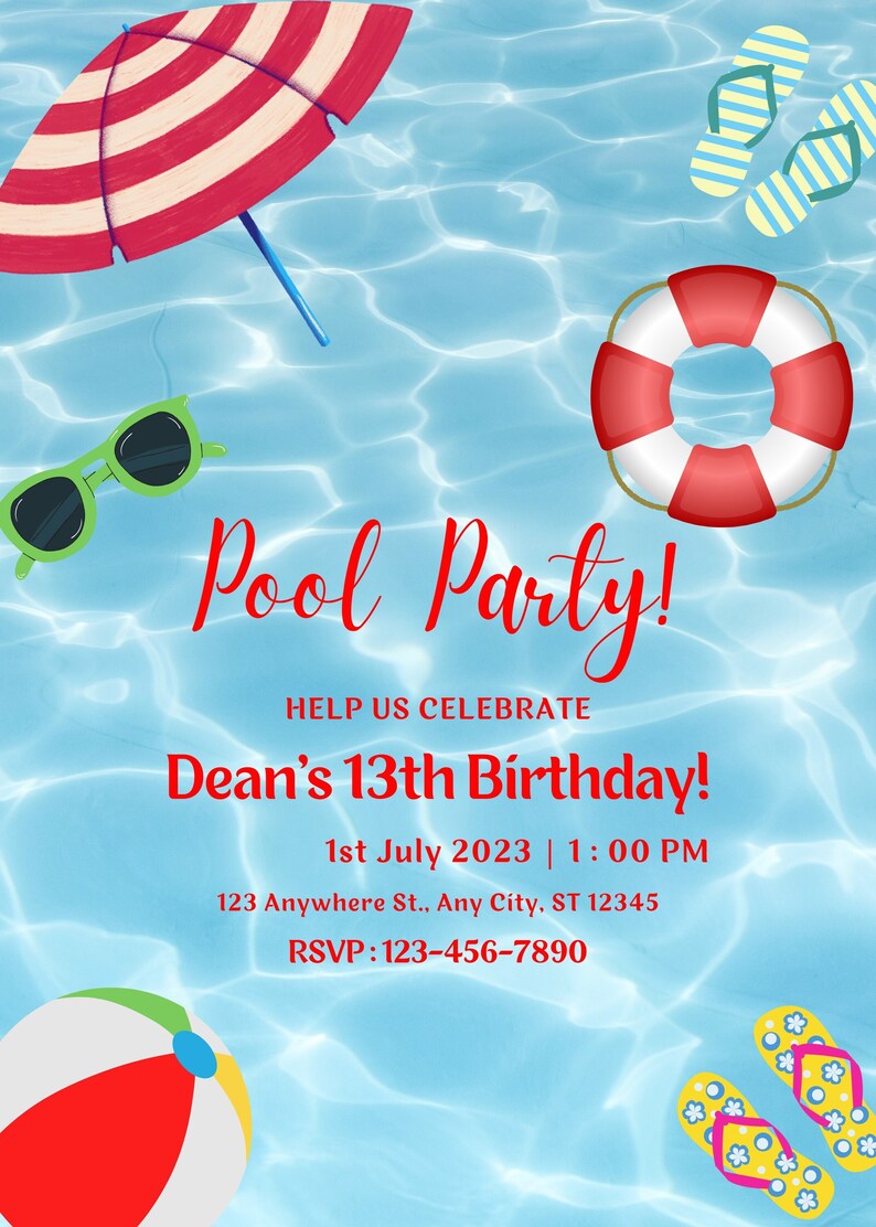 Editable Pool Birthday Invitation, Pool Invitation, Pool Template ...