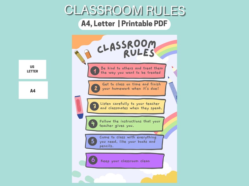 Classroom Rules Poster for Kids Printable Cute Positive Kindergarten ...