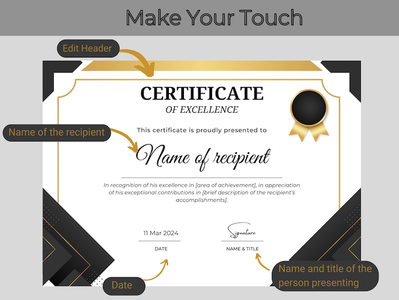 Editable Certificate of Excellence Template, Powerpoint and Canva ...