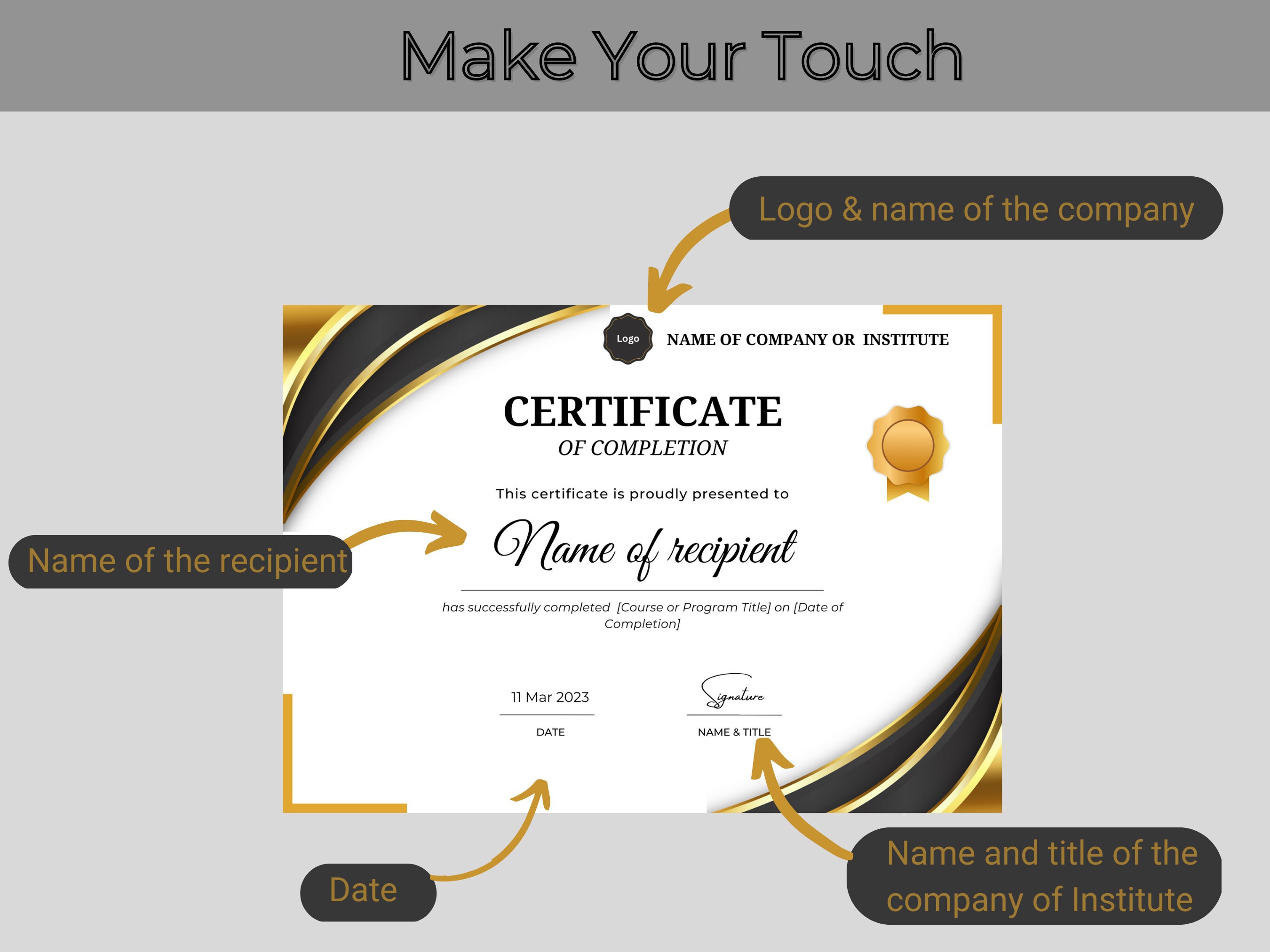 Certificate of Completion, Editable Certificate of Completion Template ...