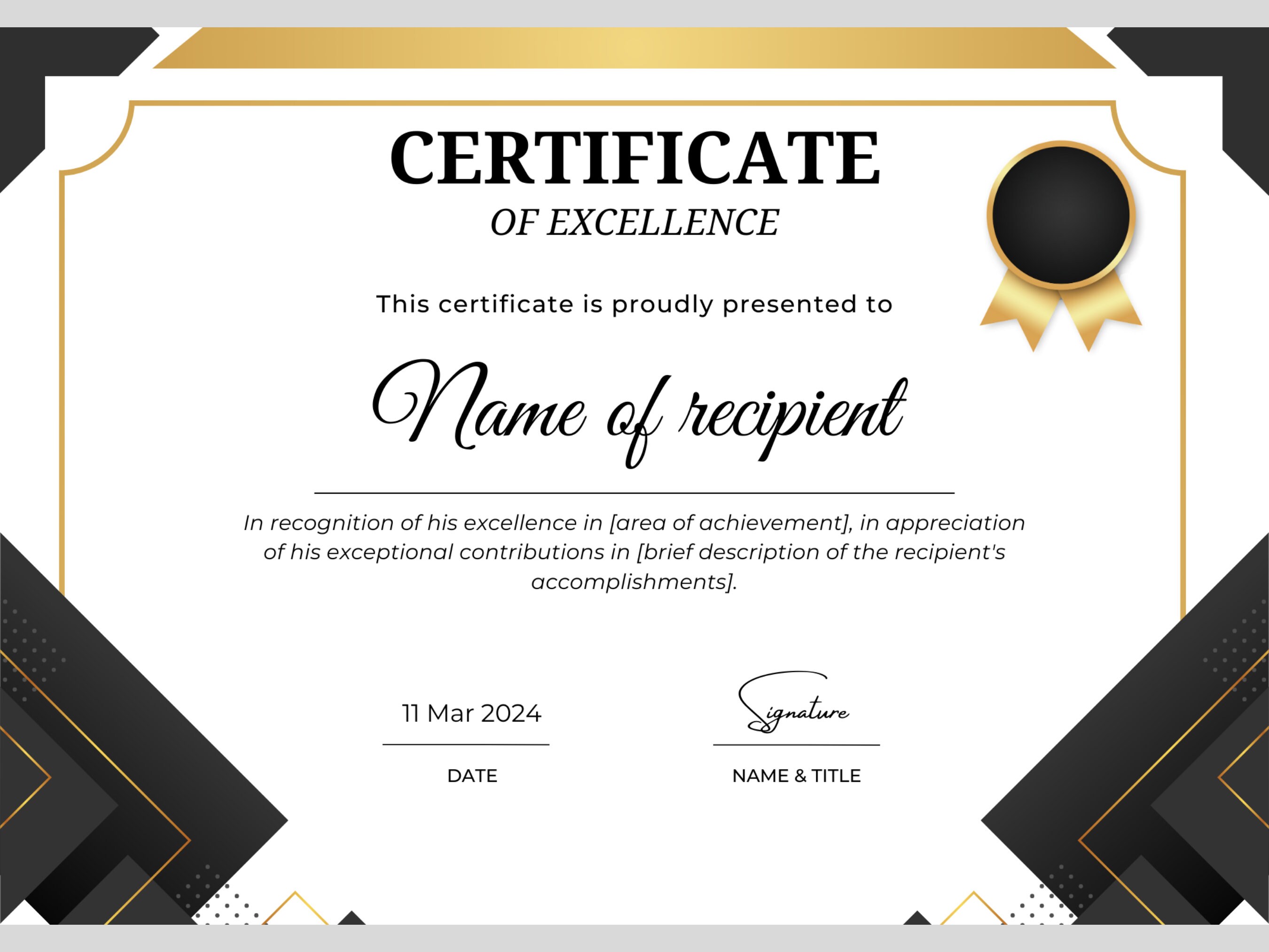 Editable Certificate of Excellence Template, Powerpoint and Canva ...