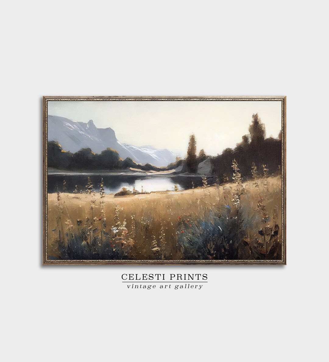 Vintage Mountain Wall Art, Antique Mountain Lake View, Wildflowers ...