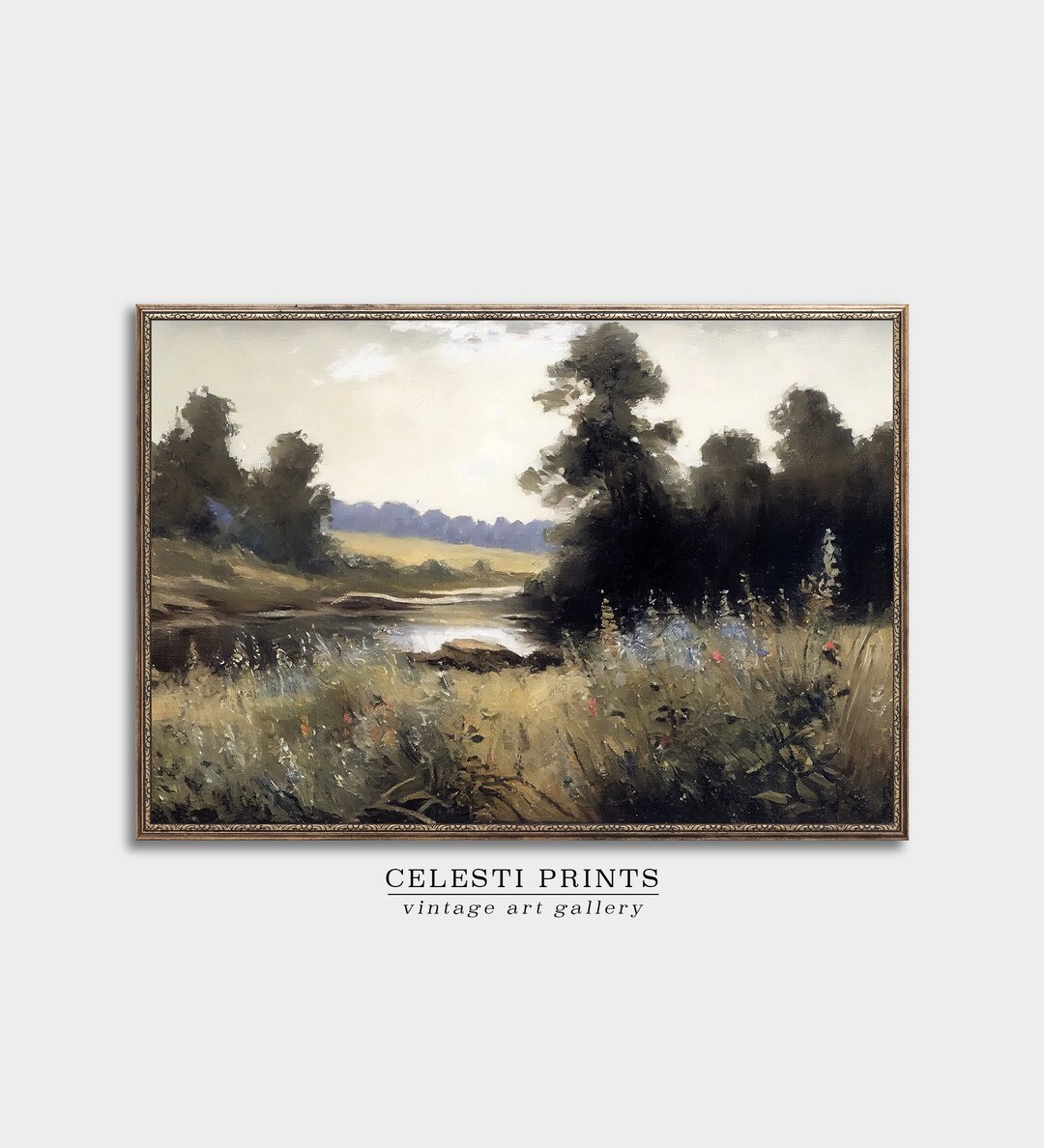 Vintage River Landscape Wall Art, Antique Forest River Oil Painting ...