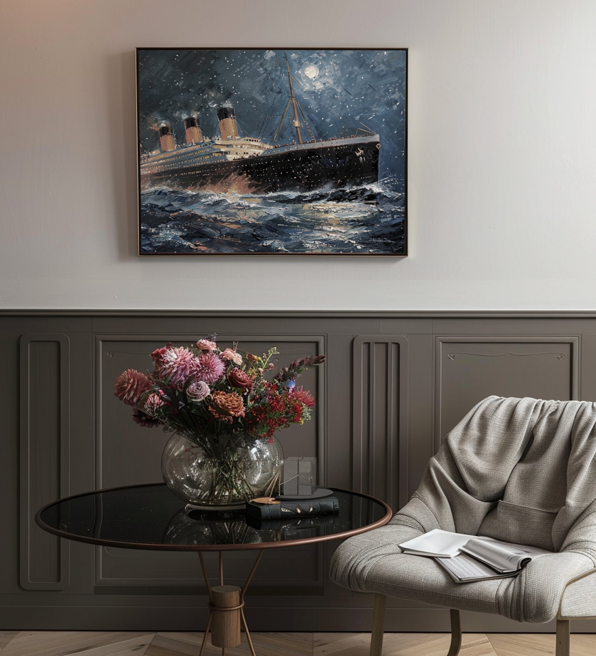RMS Titanic at Night Painting Vintage, Cruise Ship Decor, Titanic Wall ...
