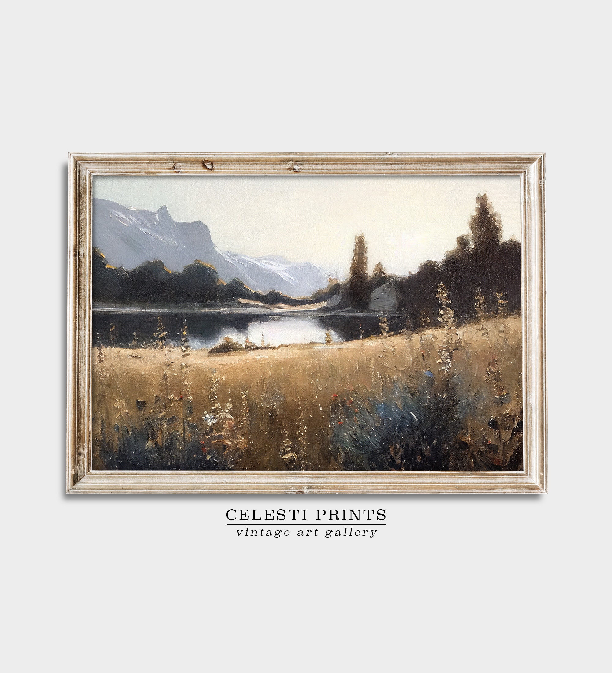 Vintage Mountain Wall Art, Antique Mountain Lake View, Wildflowers ...