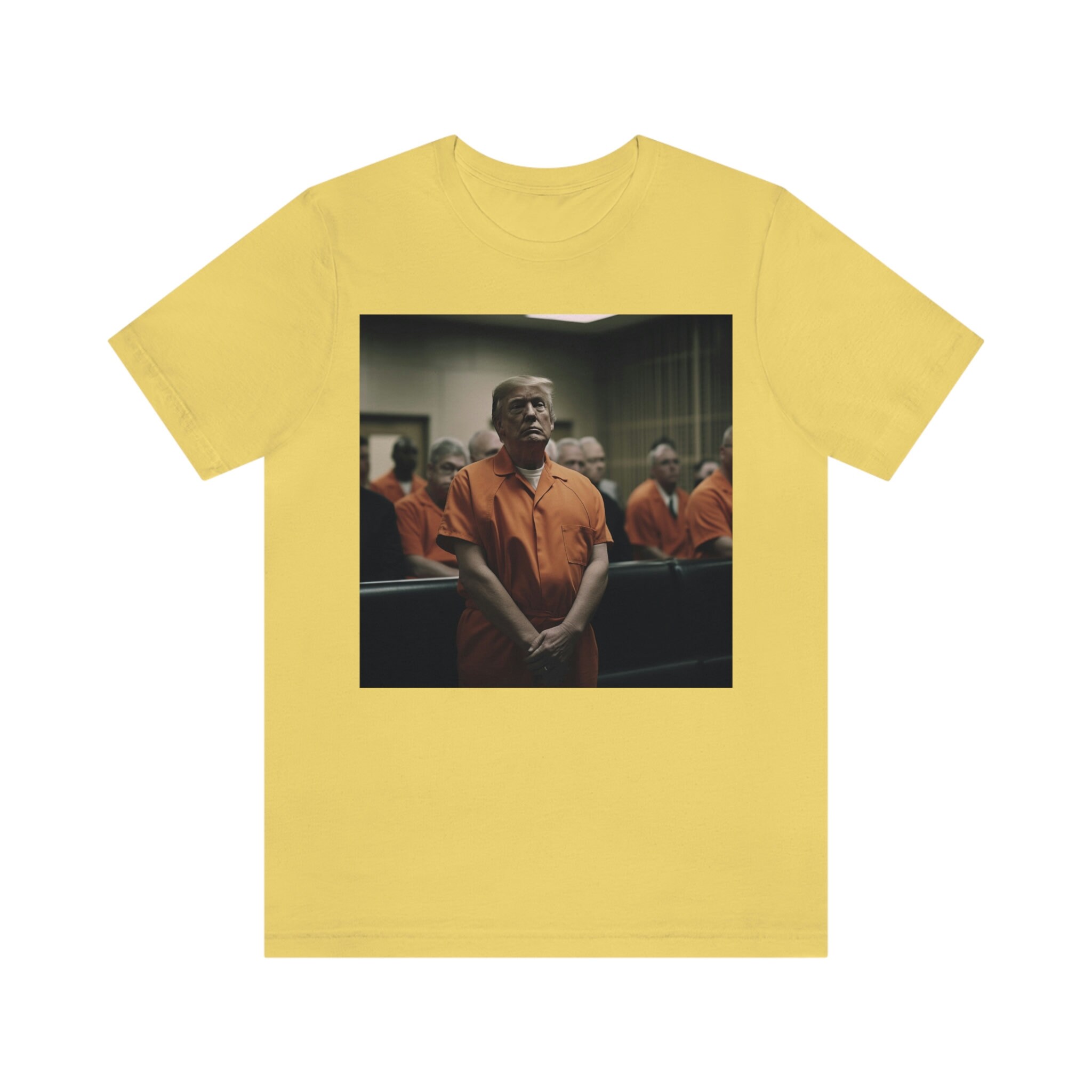 Donald Trump in Orange Jail Jumpsuit in Court, Unisex Jersey Short ...