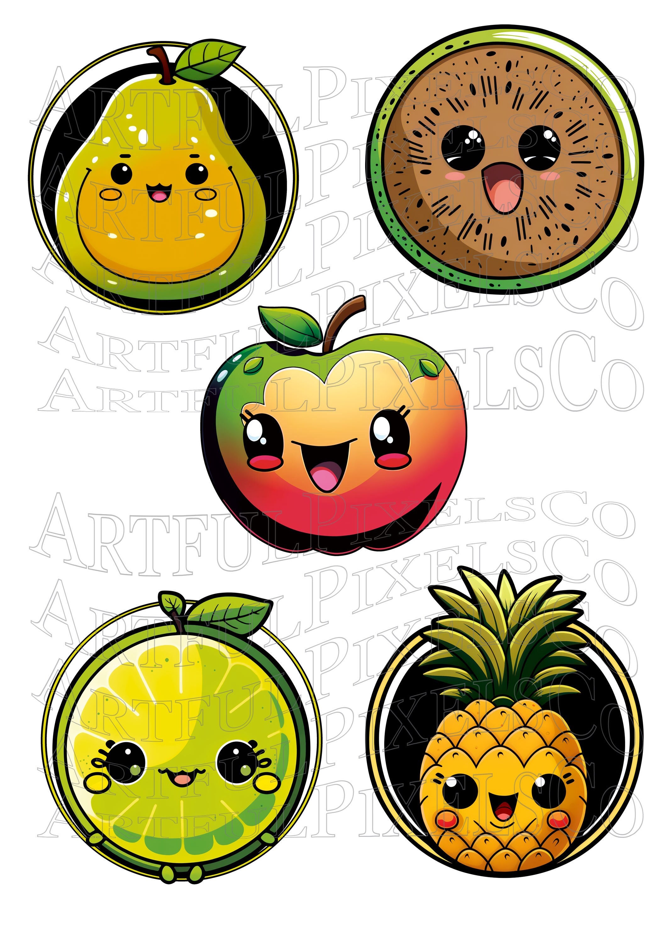 5 Kawaii Fruits Bundle PNG Fruit Sublimation Apple Funny - Etsy