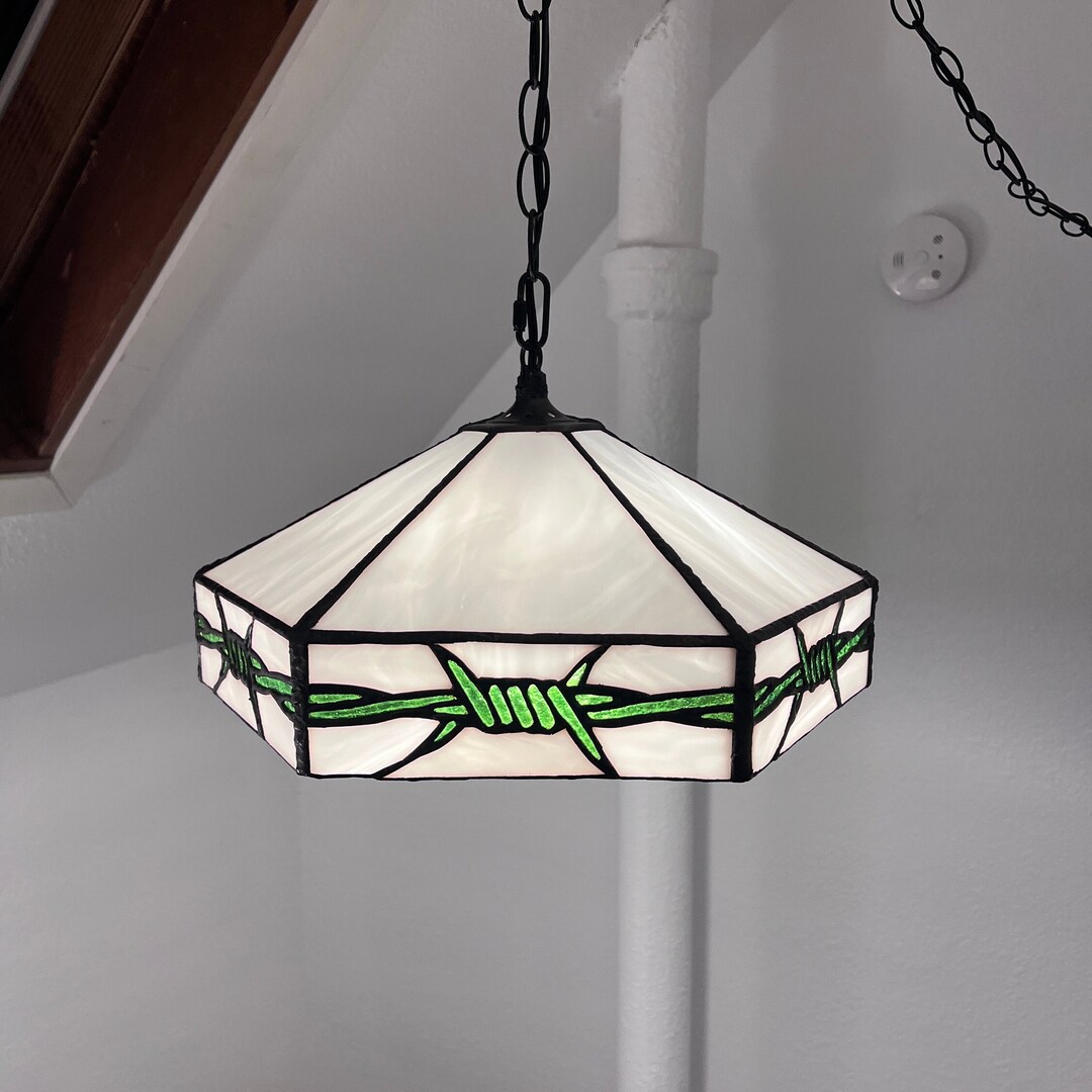Handmade White and Green Stained Glass Lamp, Barbed Wire Hanging Lamp ...