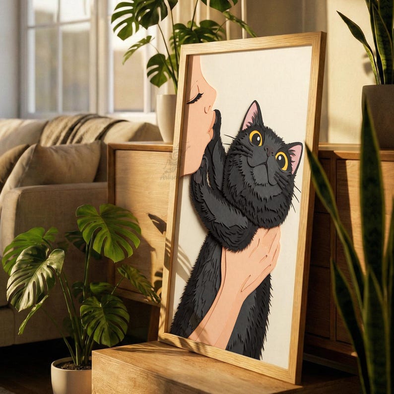 Kissing Black Cat Papercut Art Print | Whimsical Layered Illustration ...