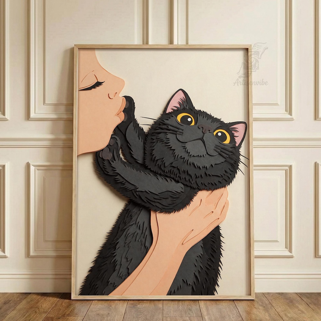 Kissing Black Cat Papercut Art Print | Whimsical Layered Illustration ...