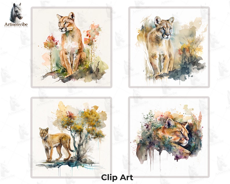 Pumas Animal Watercolor Clipart Nursery Art Paper Craft 20 - Etsy