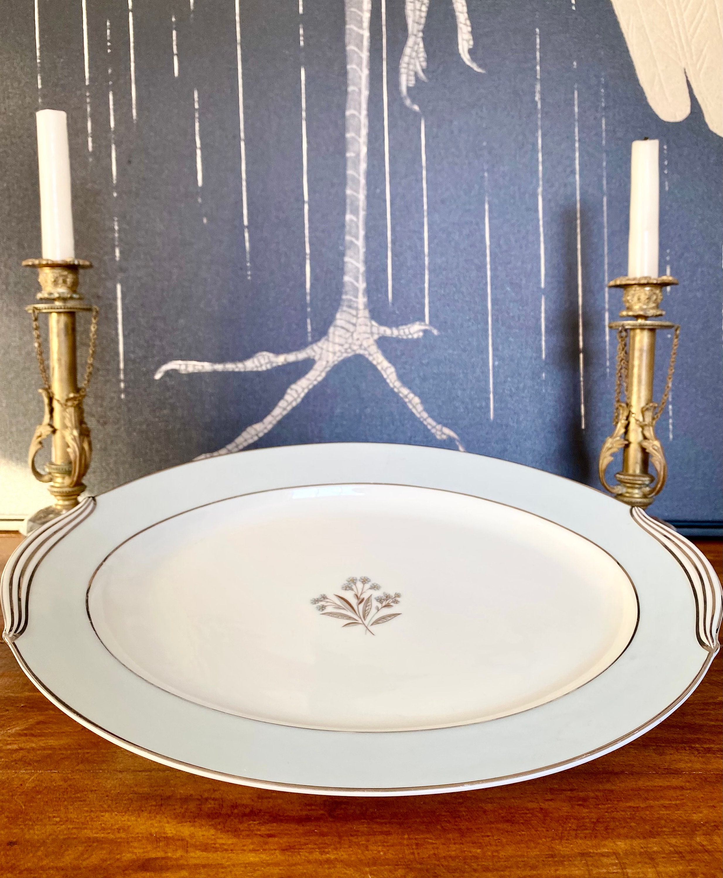 Serving Platter Oval With Blue Border and Silver Rim With Floral Design ...