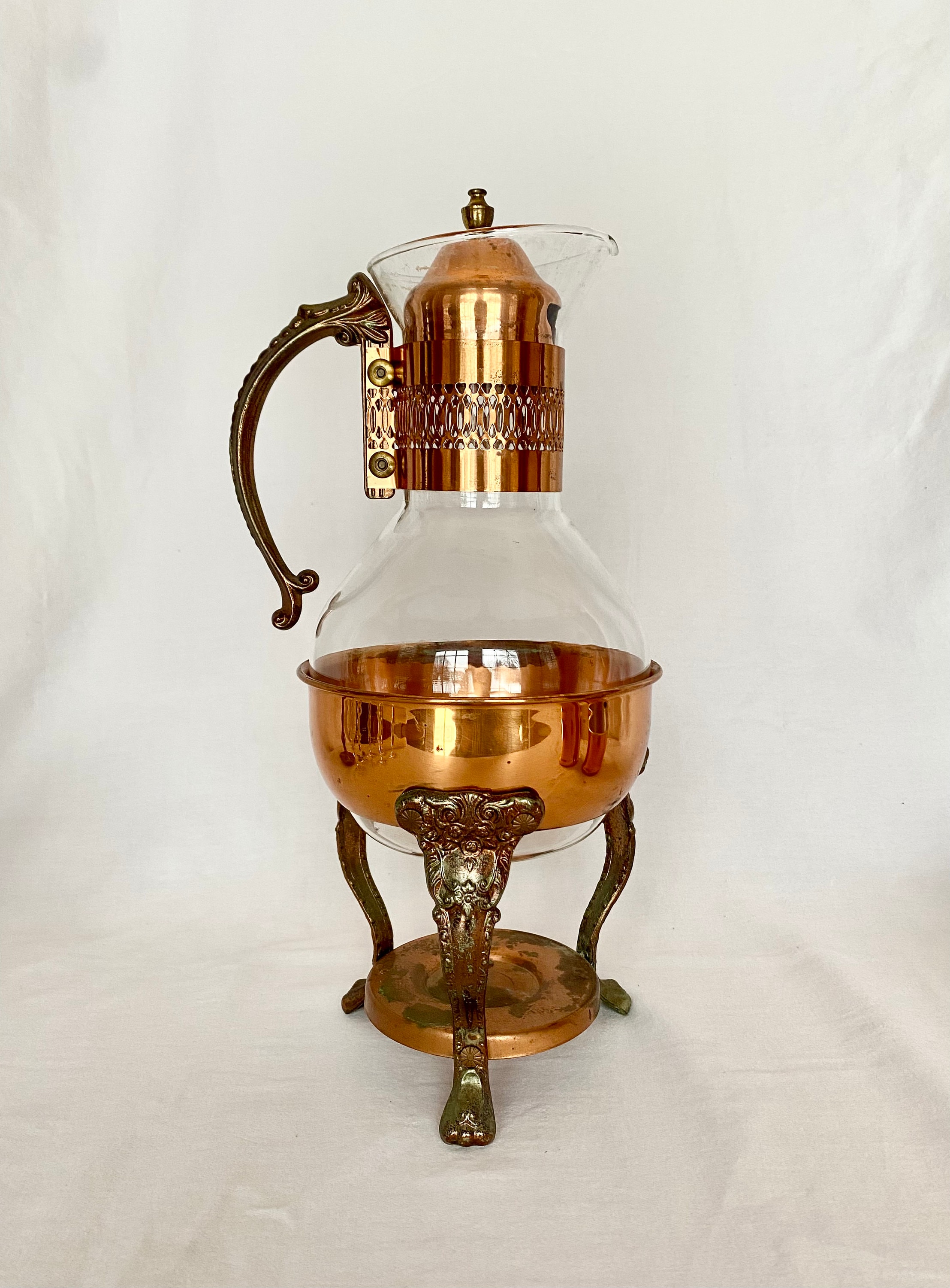 Vintage Copper Coffee Carafe With Warmer Stand and Brass Ornate Handle ...