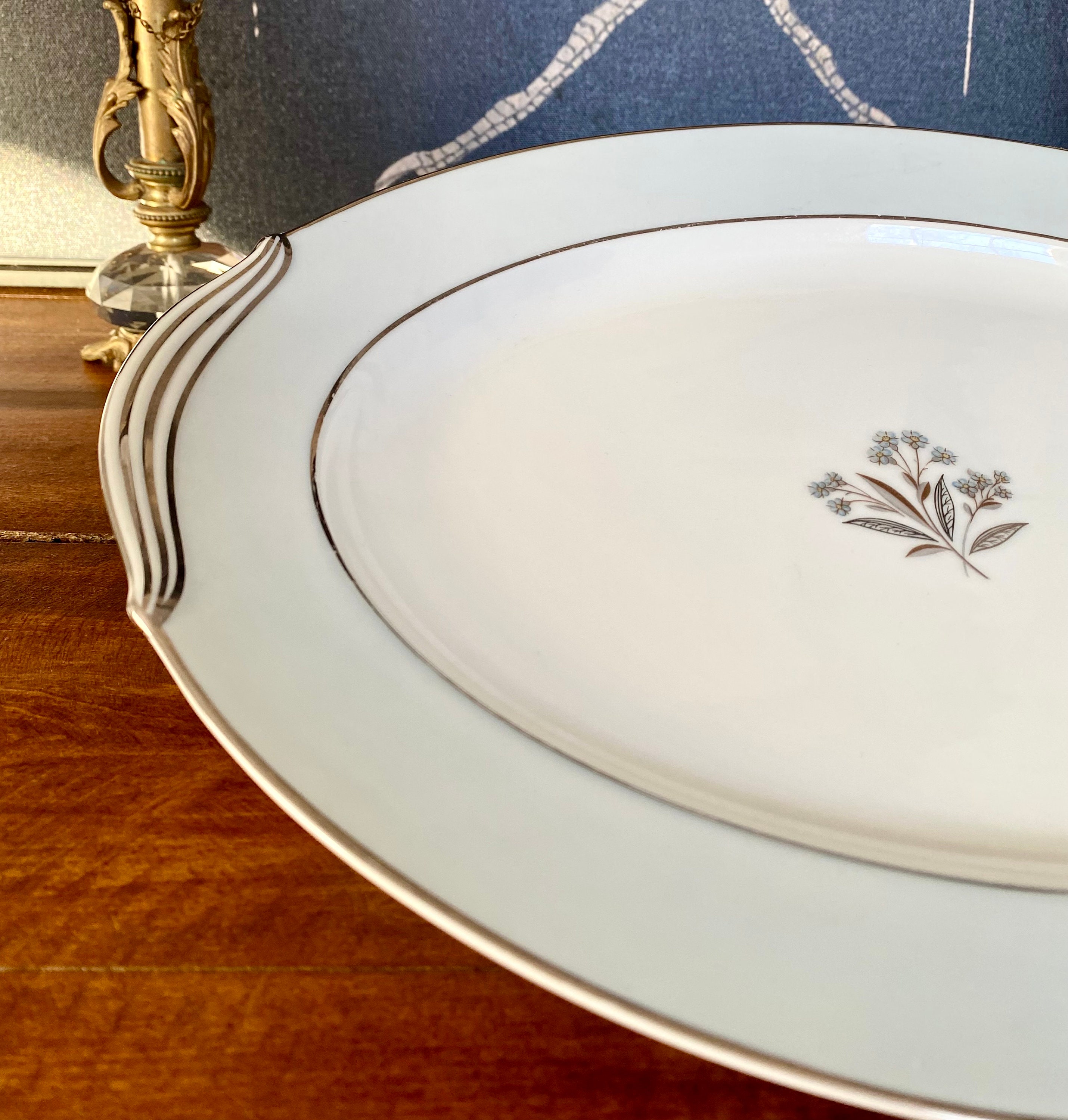 Serving Platter Oval With Blue Border and Silver Rim With Floral Design ...