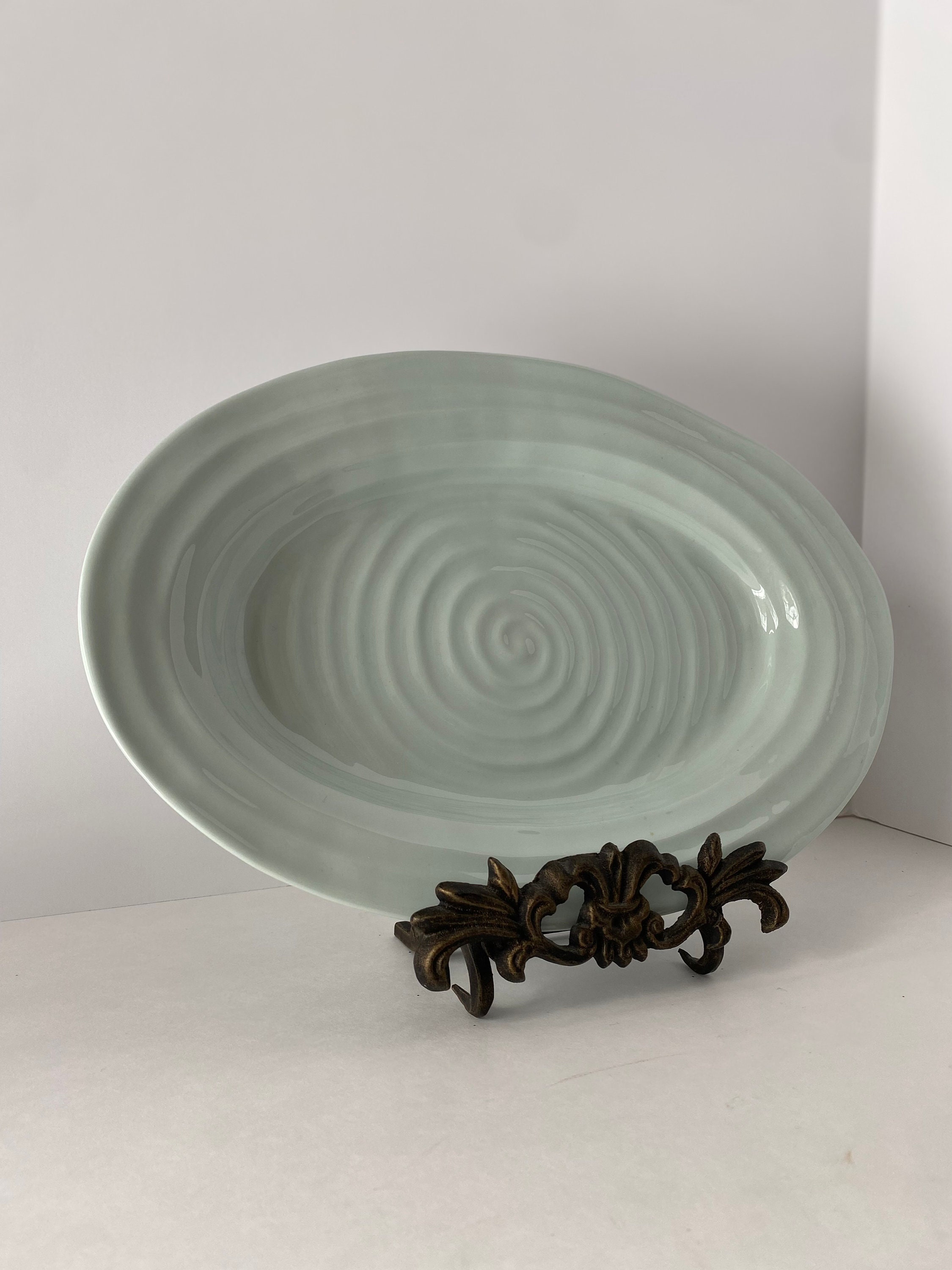 Turquoise Blue Oval Textured Dish, Light Blue Swirl Pattern Plate ...