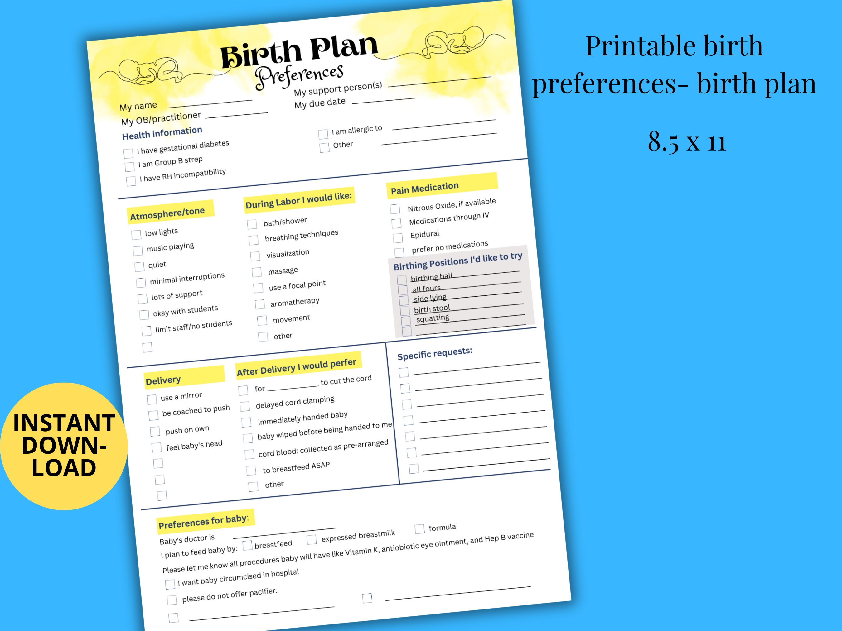 Birth Plan Preferences Checklist/template - Etsy