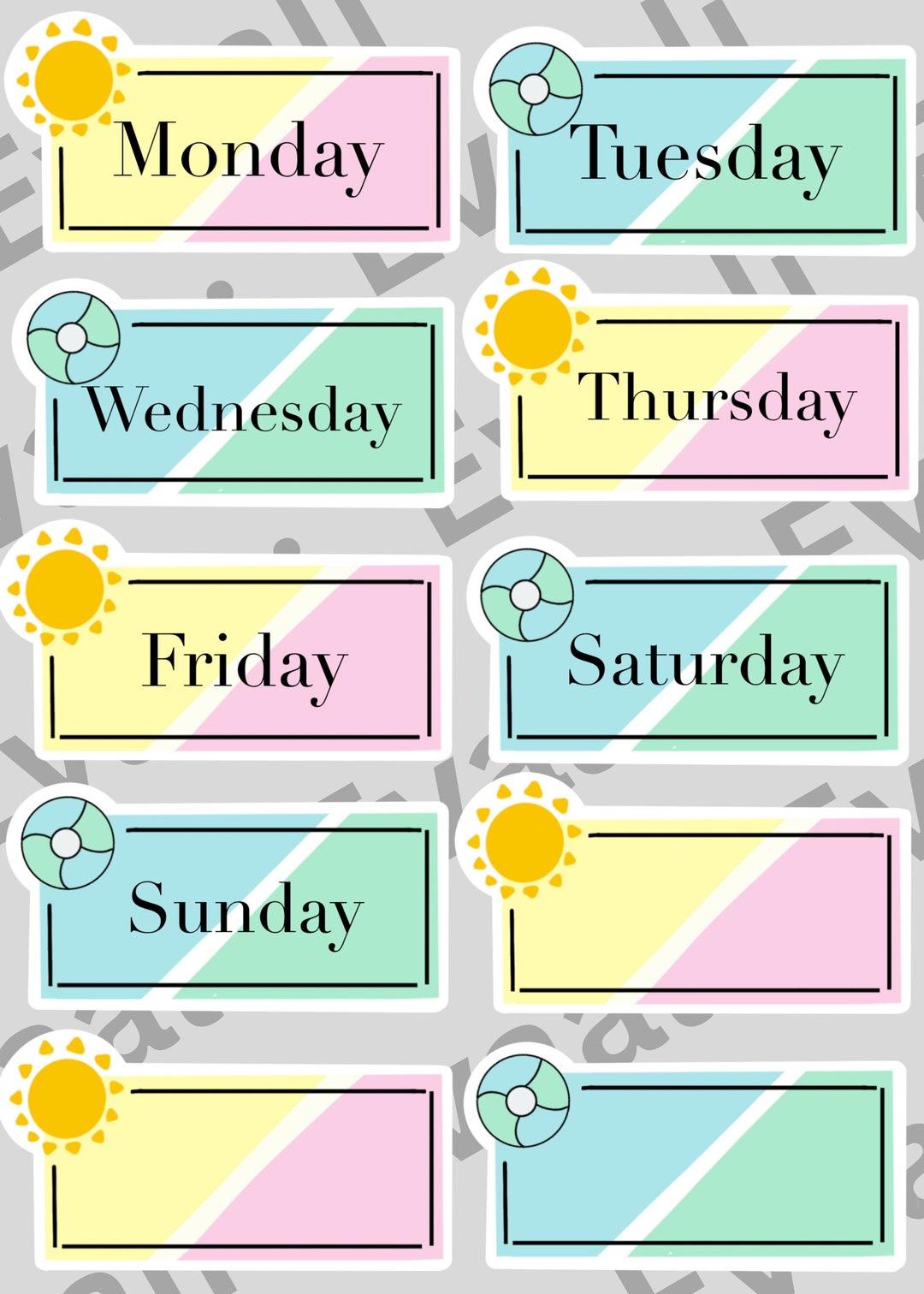 Summer Vibes Weekday Sticker Set - Set of 10 Stickers - Decoration ...