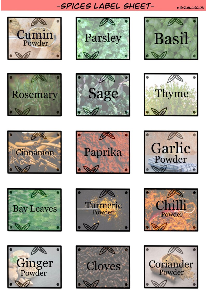Spices and Herbs Vinyl Sticker Adhesive Labels - Spices Label - 15 ...