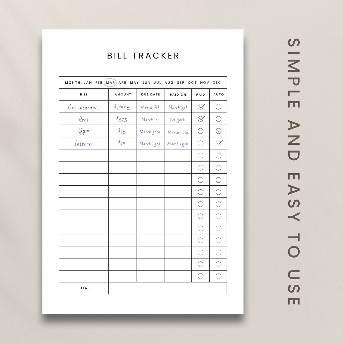 Monthly Bill Tracker Printable | Bill Payment Tracker | Digital Bill ...