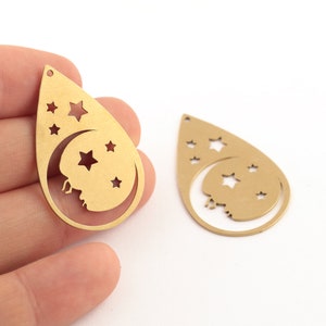 2pcs Raw Brass Laser Cut Moon Face Pendant, Drop Shaped Crescent Charms ...