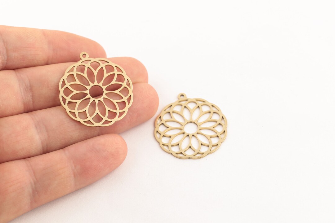 2 Pcs Raw Brass Mangala Pendant, Flower Charms, Round Mandala Medallion ...