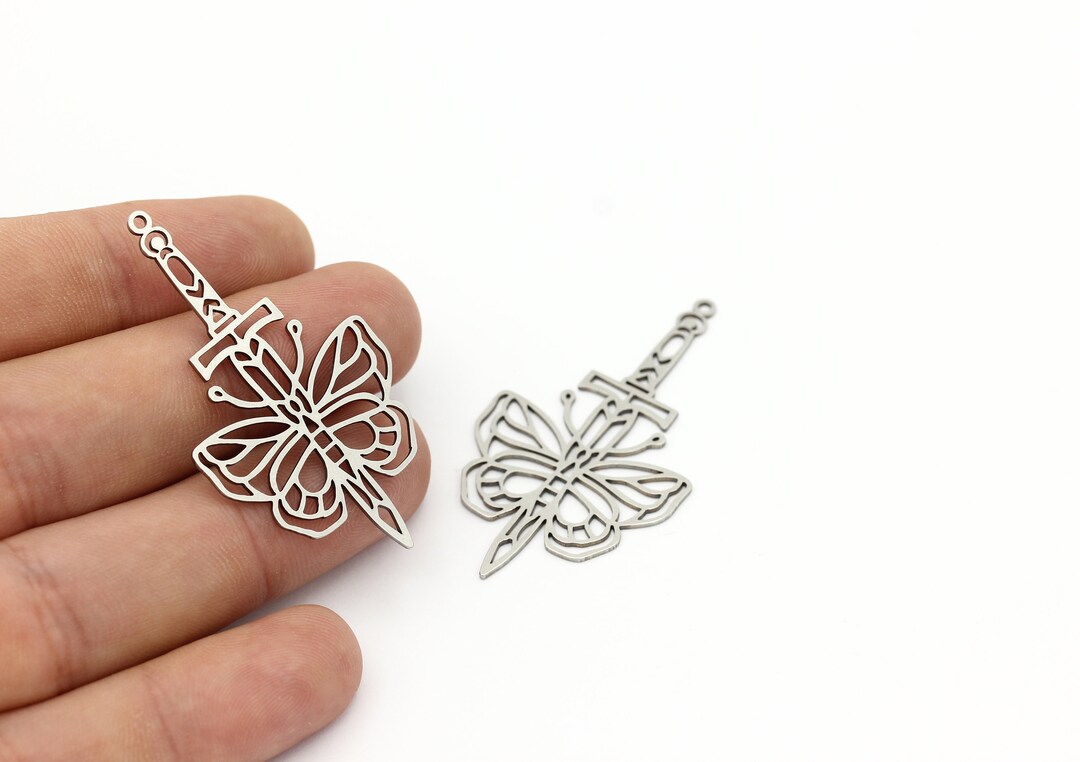 Stainless Steel Sword Charms, Butterfly Detailed Sword Pendant, Steel ...