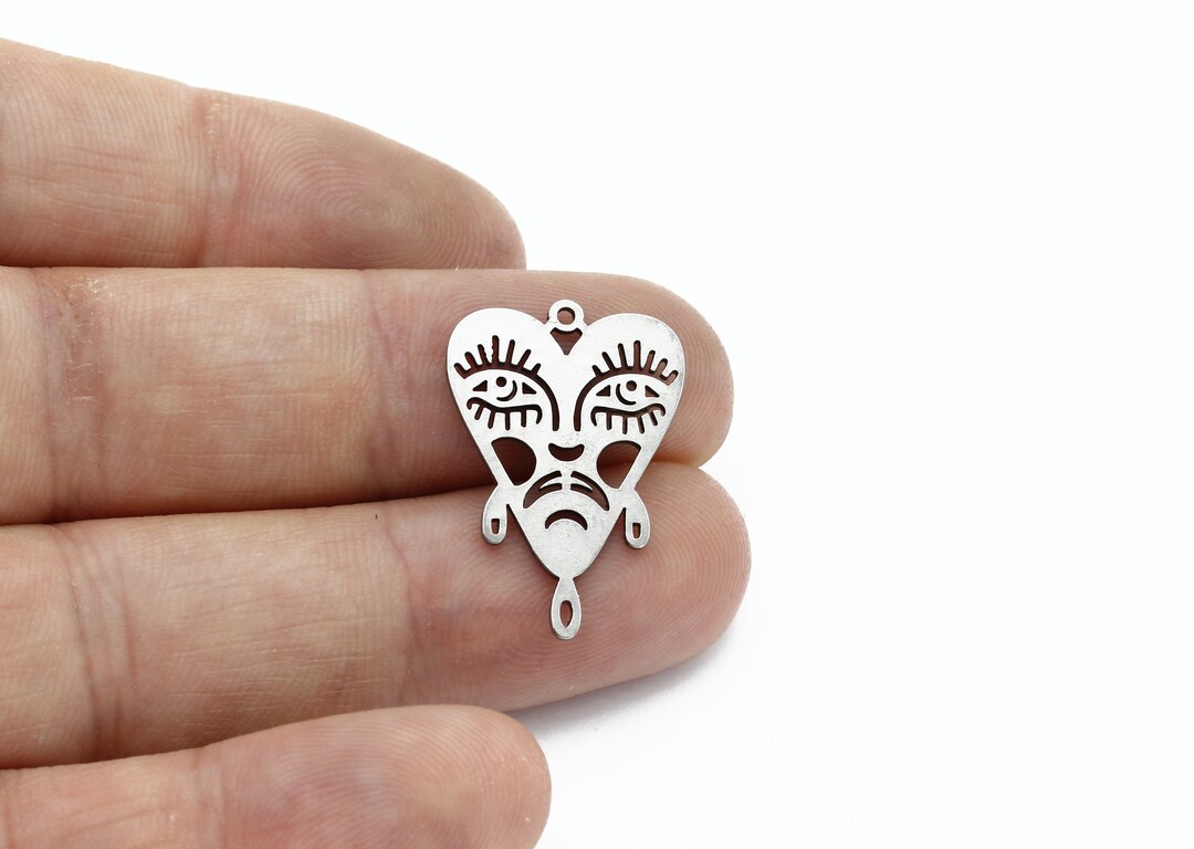 2 Pcs Stainless Steel Crying Face Pendant, Heart Shape Charm, Face ...