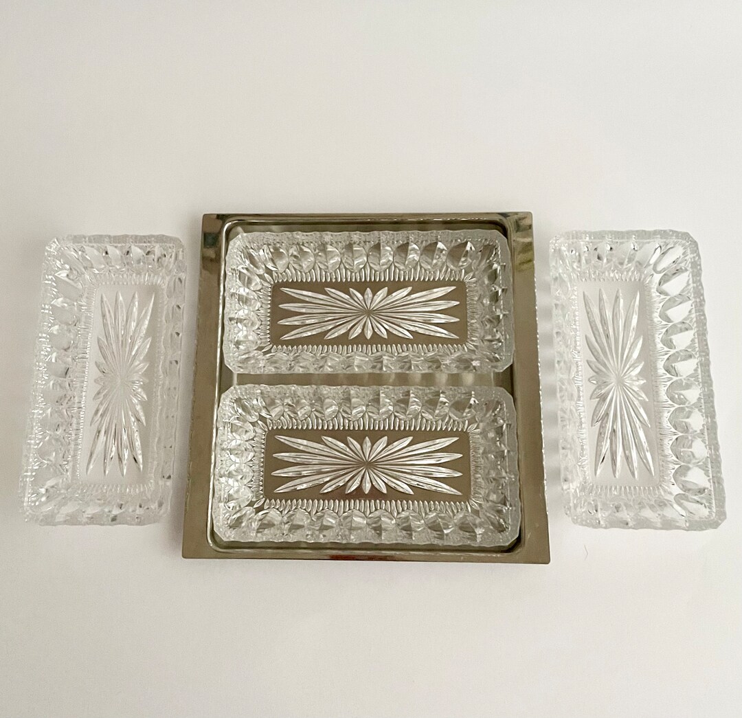 Rectangular Clear Glass Bowls and Stainless Steel Tray / 1960s ...