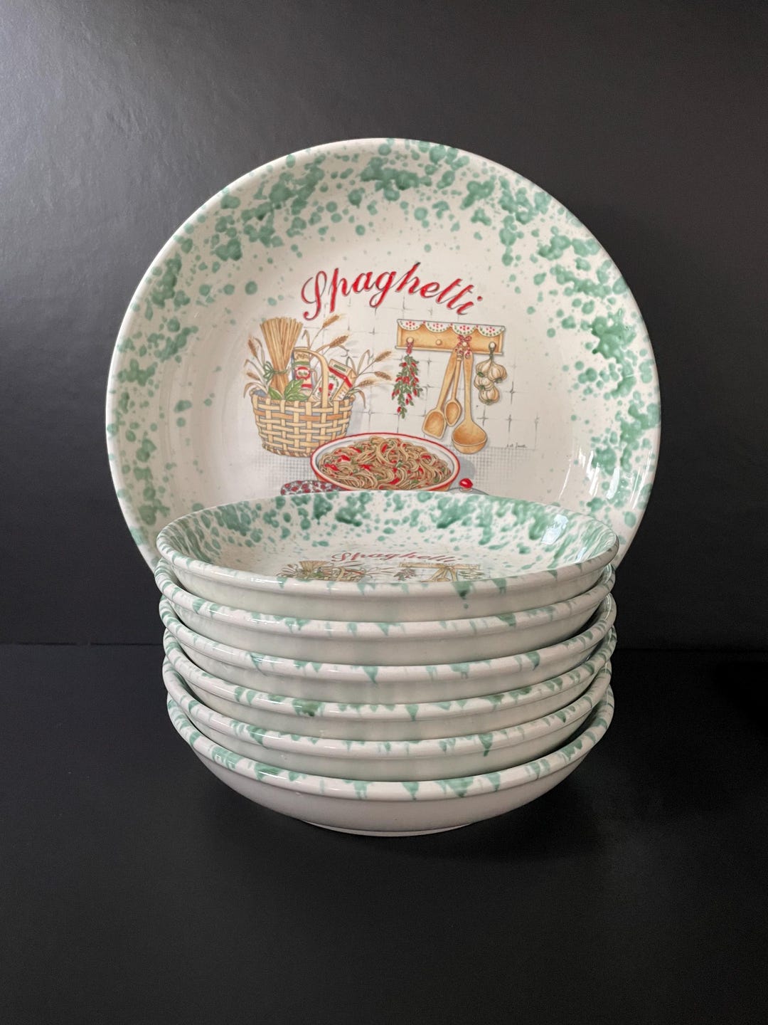 Spaghetti Plates - Large Bowl + 6 Plates - Vintage Italian 1970s Stovit ...