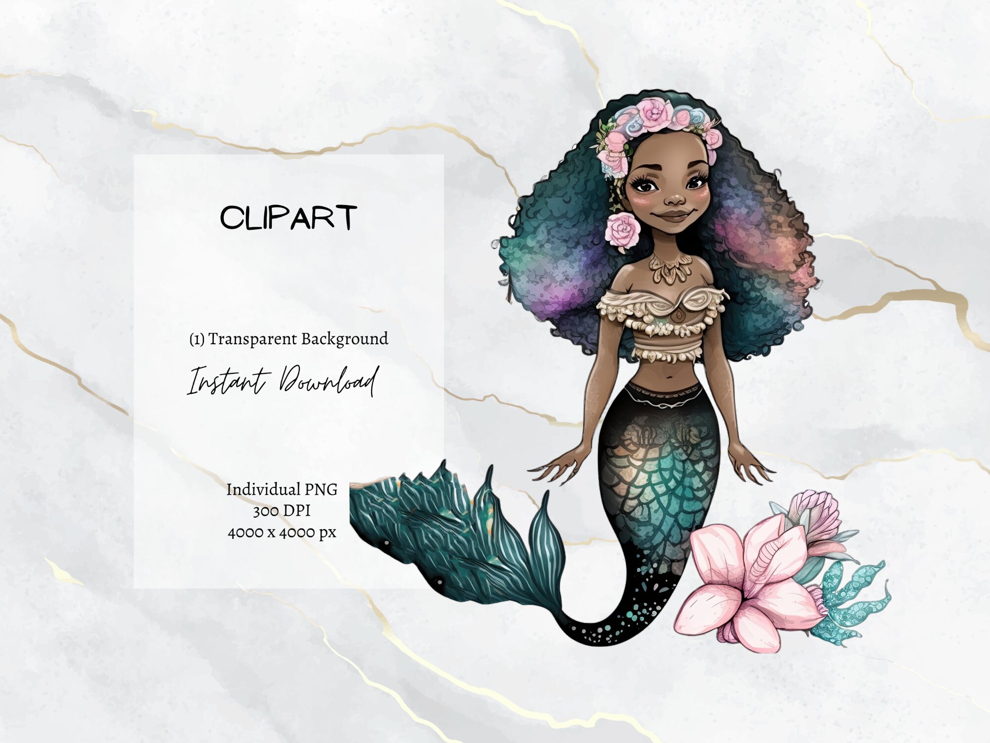 Little Black Girl Mermaid Clipart, African American Mermaid ...