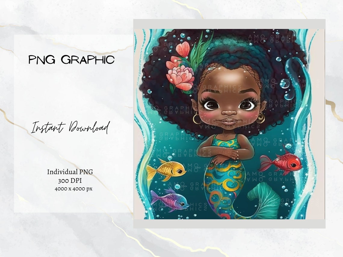 Little Black Girl Mermaid Clipart, African American Mermaid ...