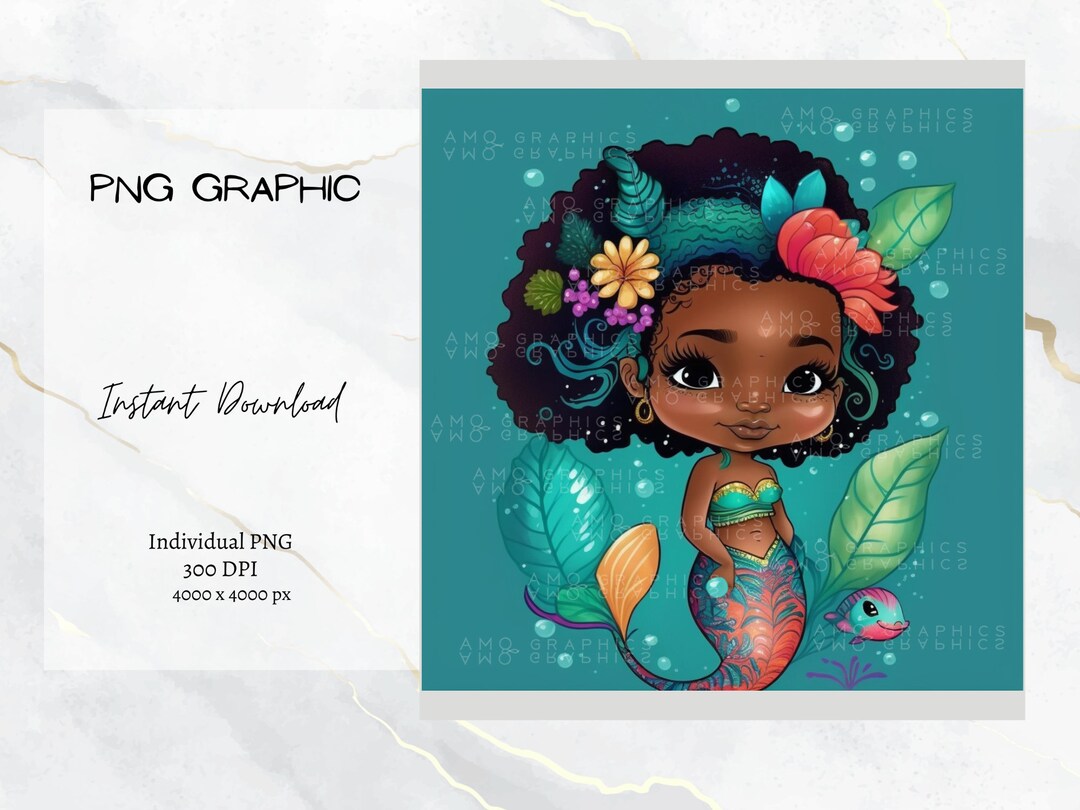 Little Black Girl Mermaid Clipart, African American Mermaid ...